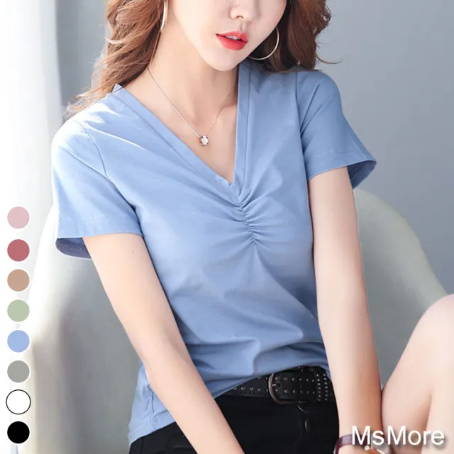 【MsMore】主推爆款時尚休閒純色V領抽皺寬鬆上衣#110470(8色) - momo購物網 - 好評推薦