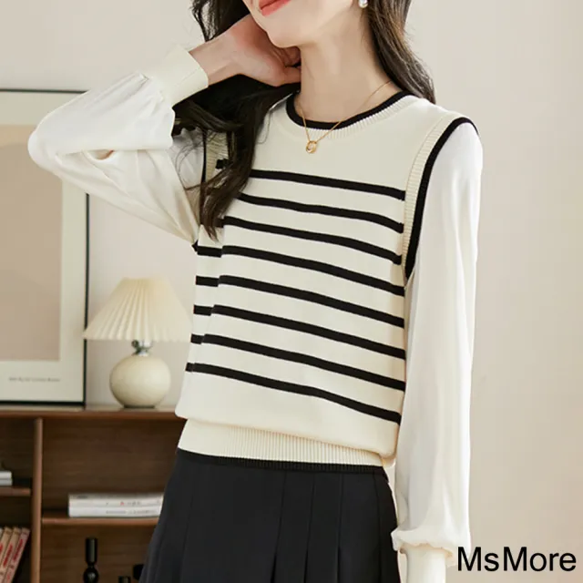 【MsMore】假兩件法式針織衫長袖復古條紋套頭毛衣短版上衣#119221(杏) - momo購物網 - 好評推薦