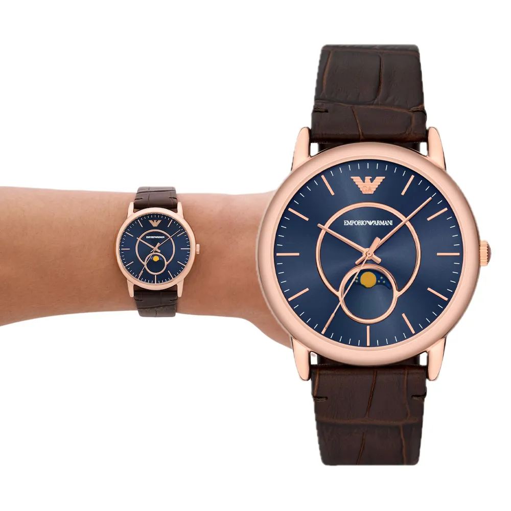 【EMPORIO ARMANI 官方直營】Luigi 復古英倫雅仕月相手錶 棕色真皮錶帶 43MM AR11566 - momo購物網 ...