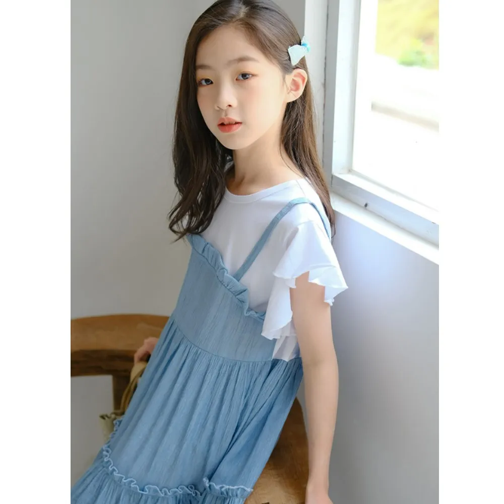 【UniKids】中大童裝假兩件短袖洋裝 荷葉袖蛋糕裙 女大童裝 VW22017(連身裙) - momo購物網 - 好評推薦 -2024年8月