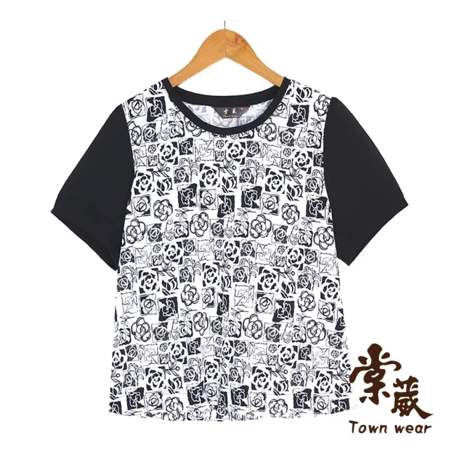 【TOWN’WEAR 棠葳】滿版花卉彈力拼接上衣(中大尺碼/女上衣/女上著/短袖/透膚) - momo購物網 - 好評推薦 -2025年5月