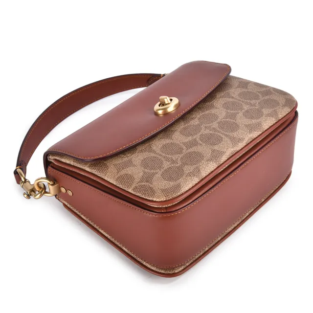 【COACH】CASSIE 19 經典滿版C LOGO PVC拼接皮革翻蓋式肩背/斜背兩用包(-咖啡色) - momo購物網 - 好評推薦 ...