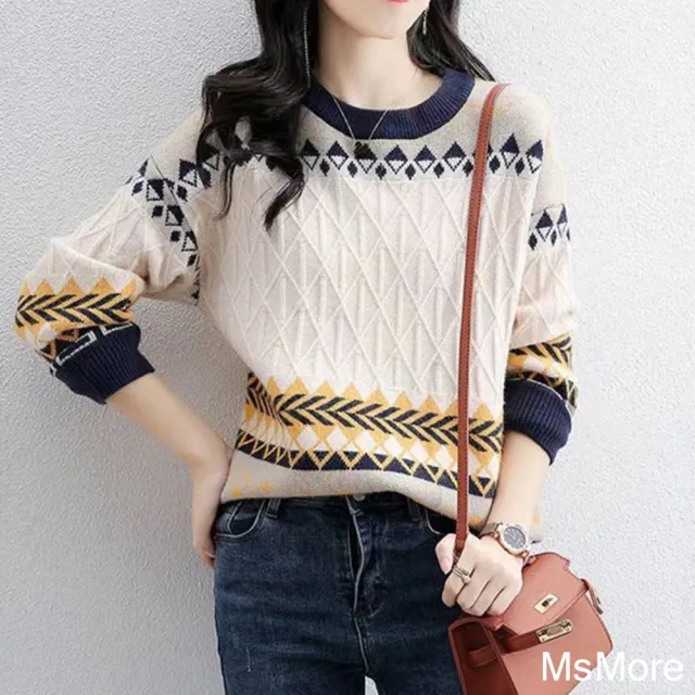 【MsMore】圓領長袖針織衫寬鬆羊毛感緹花毛衣長袖短版上衣#123091(紅/黃/藍) - momo購物網 - 好評推薦 -2025年6月