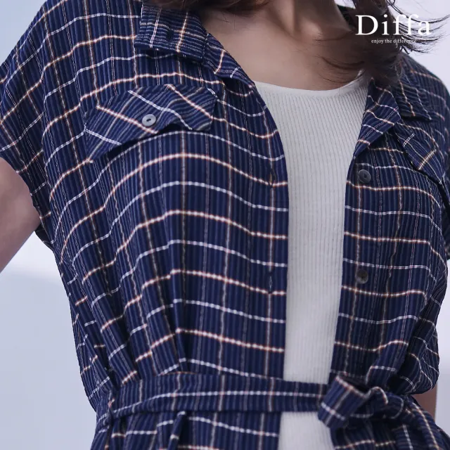 【Diffa】藍格連袖設計開襟綁帶洋裝-女 - momo購物網 - 好評推薦 -2025年2月